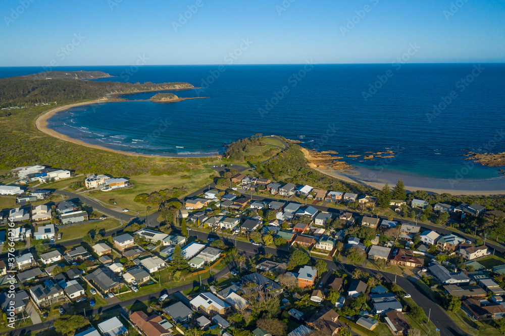 Panoramic aerial view of the beautiful town centre of Tomakin toward ...