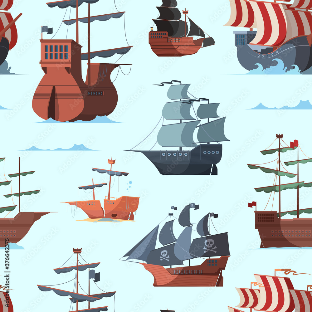 Pirate ship pattern. Old shipping boat adventure concept seamless ...