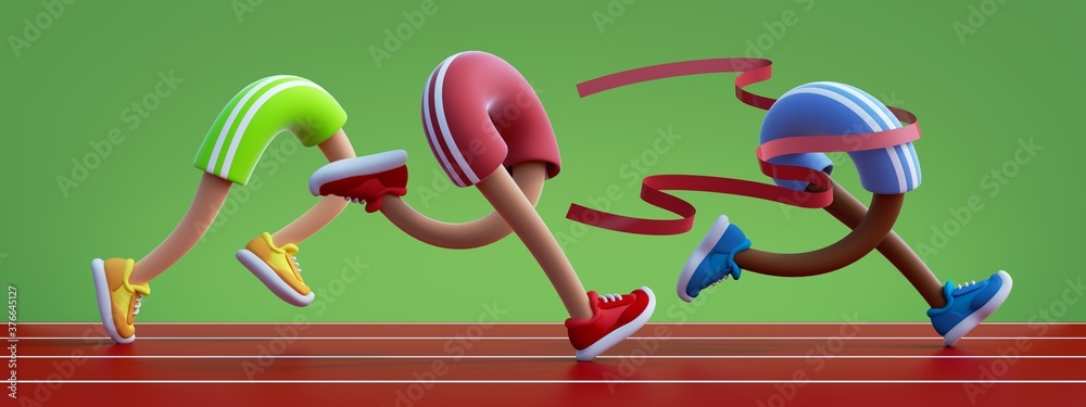 3d render cartoon characters run. Marathon participants, running legs ...