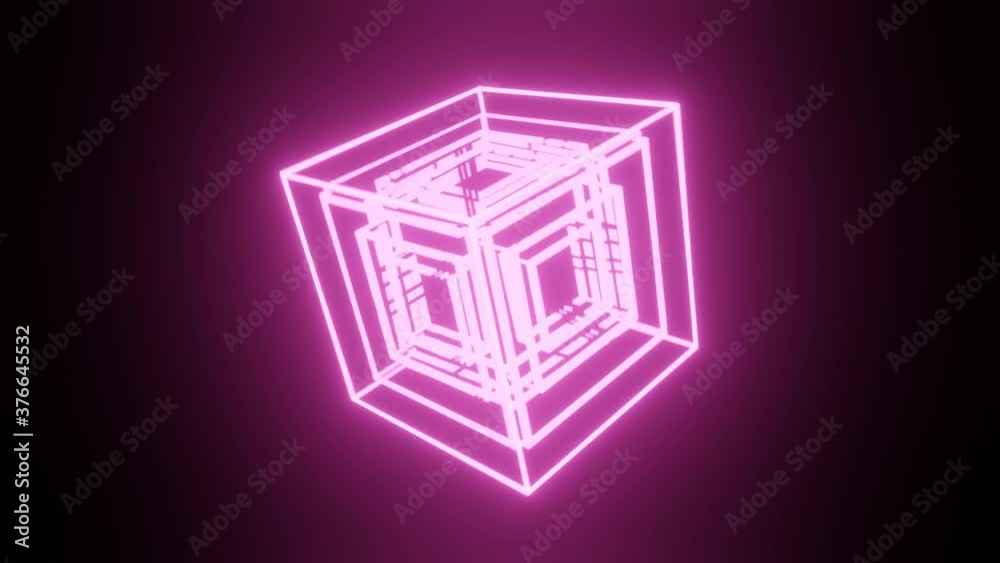 Abstract glowing neon lines creating a cube, blue red spectrum ...