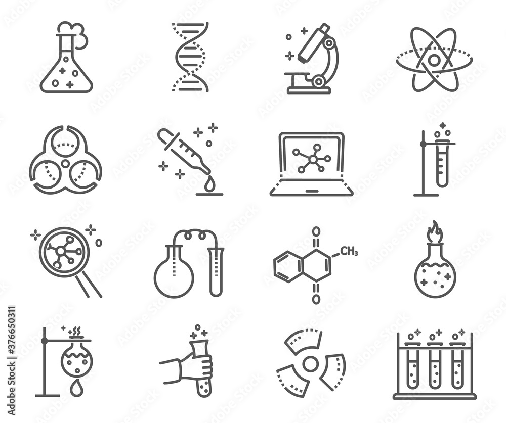 Large set of black and white laboratory icons showing tests, glassware ...