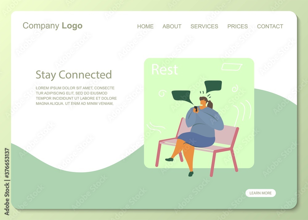 White Woman Stay Connected sit Park. Social Network Landing Page ...