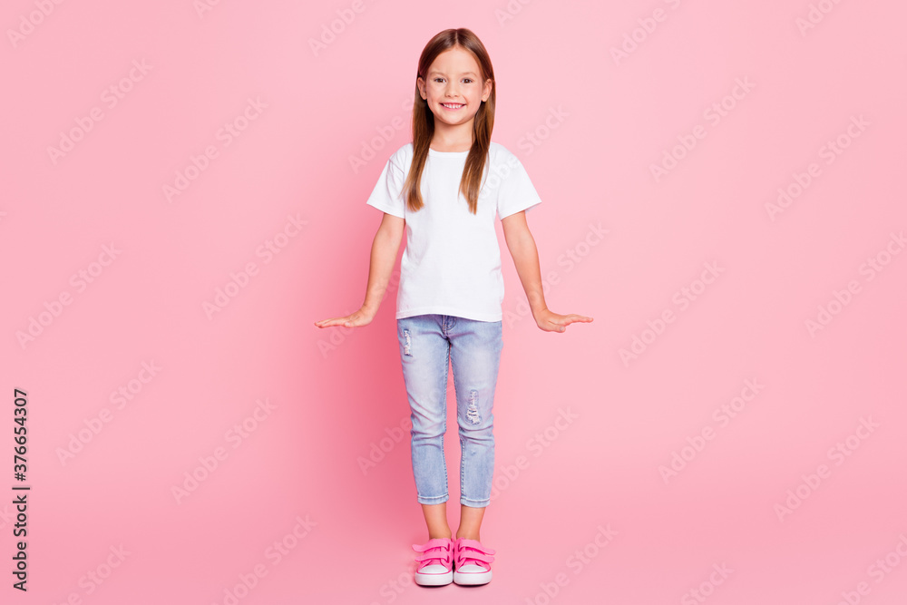 Full length photo of pretty kid girl enjoy summer weekend wear good ...