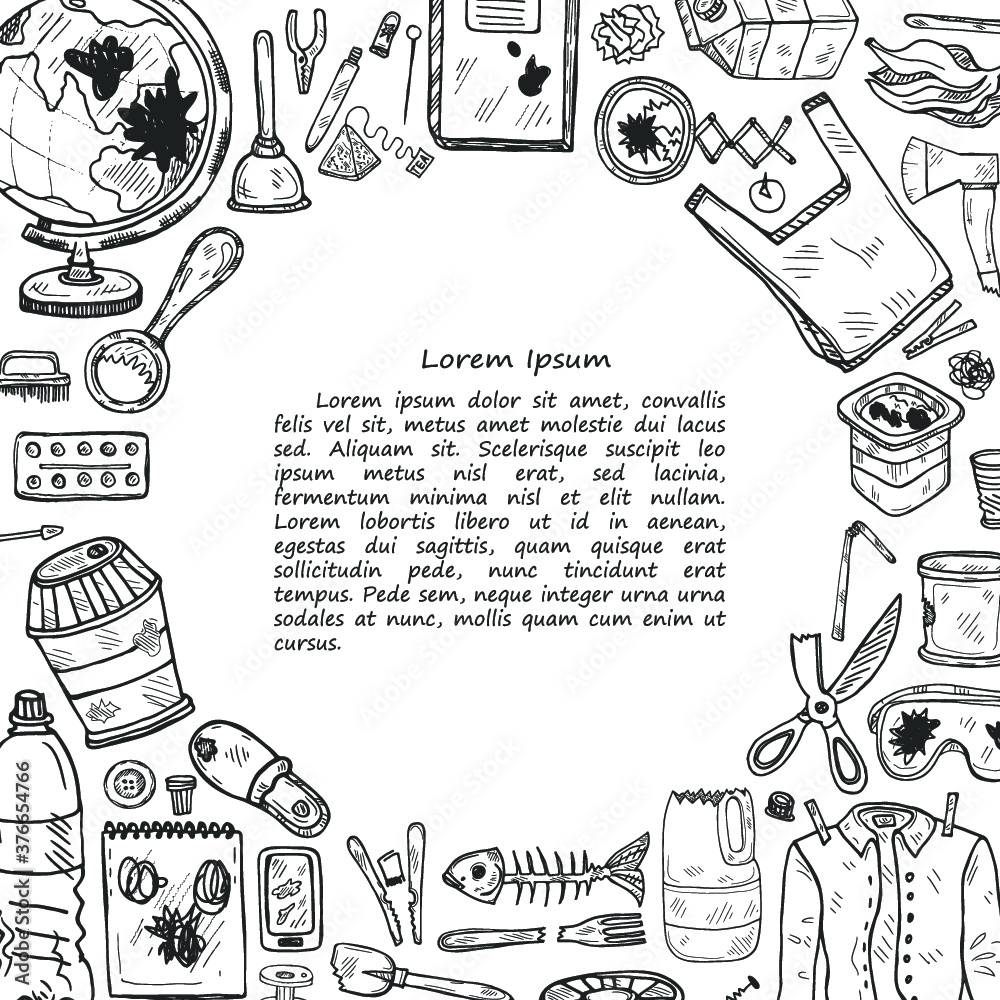 Card template with hand drawn garbage. Plastic pollution collection ...