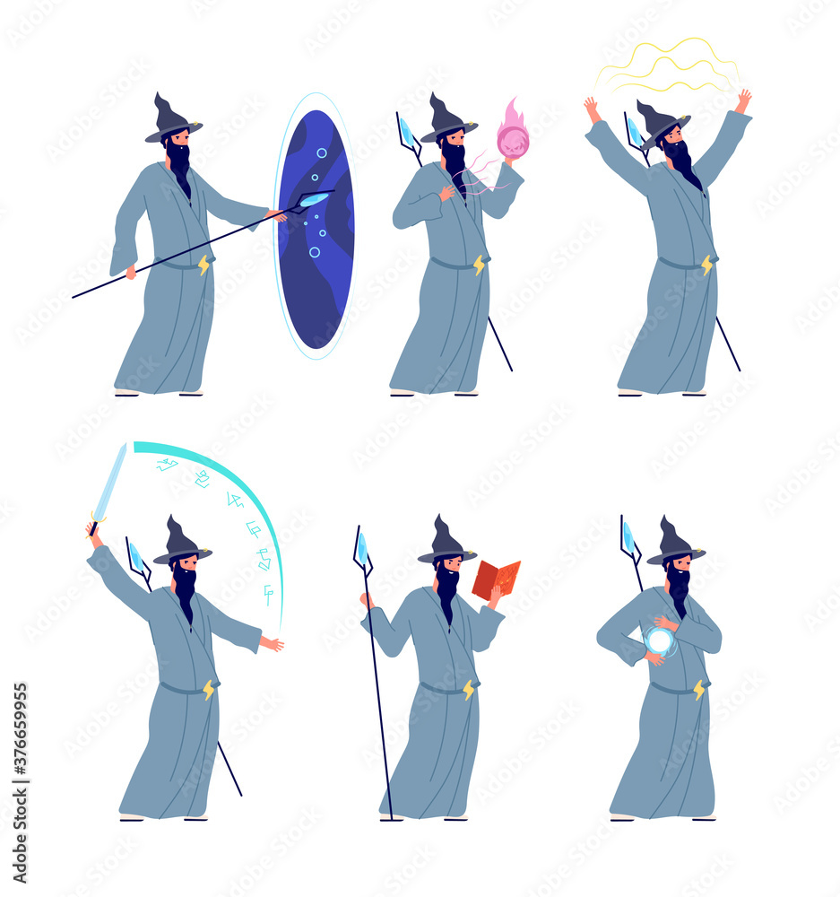 Magic wizard character. Cartoon magicians, mystery male with beard ...