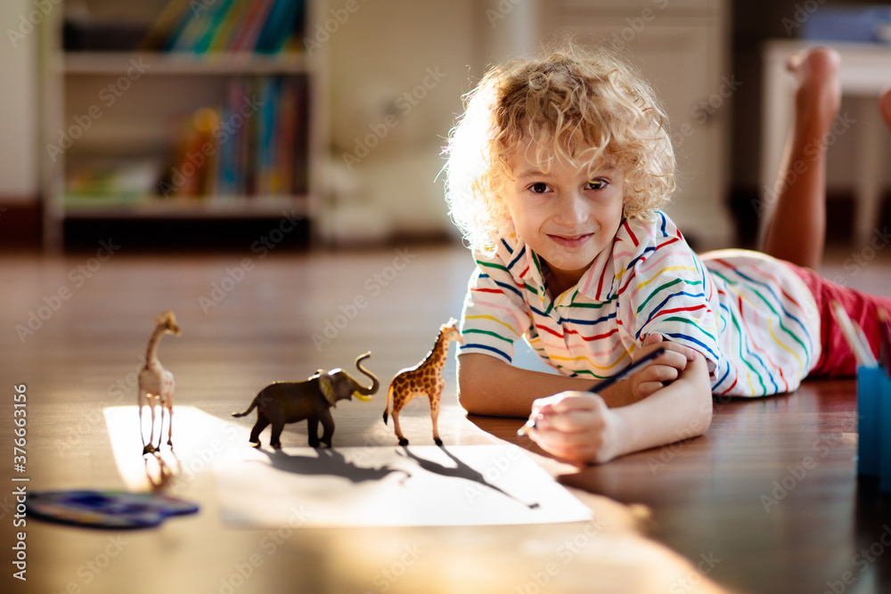 Little boy shadow drawing animals. Stock Photo | Adobe Stock