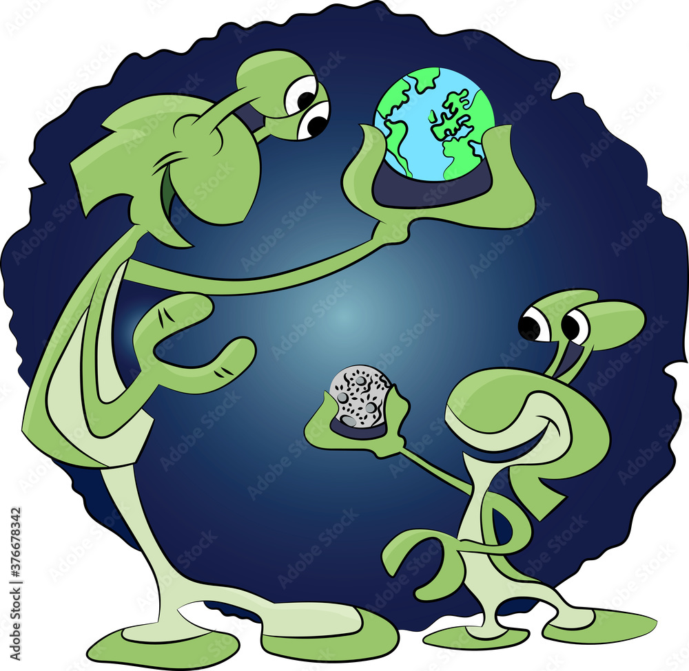 Two cartoon aliens holding earth and moon in their hands vector ...