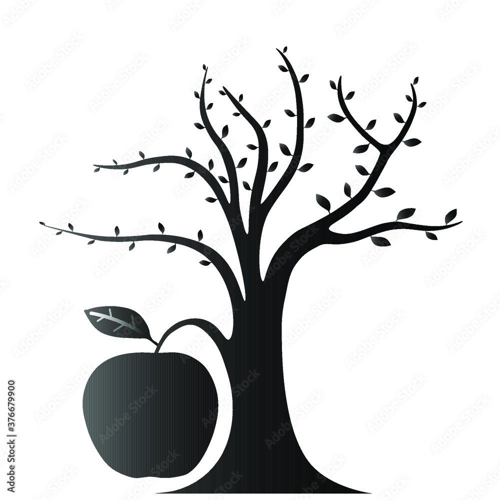 Drawing. Logo. Black and white Apple tree with a huge fruit. Symbol of ...