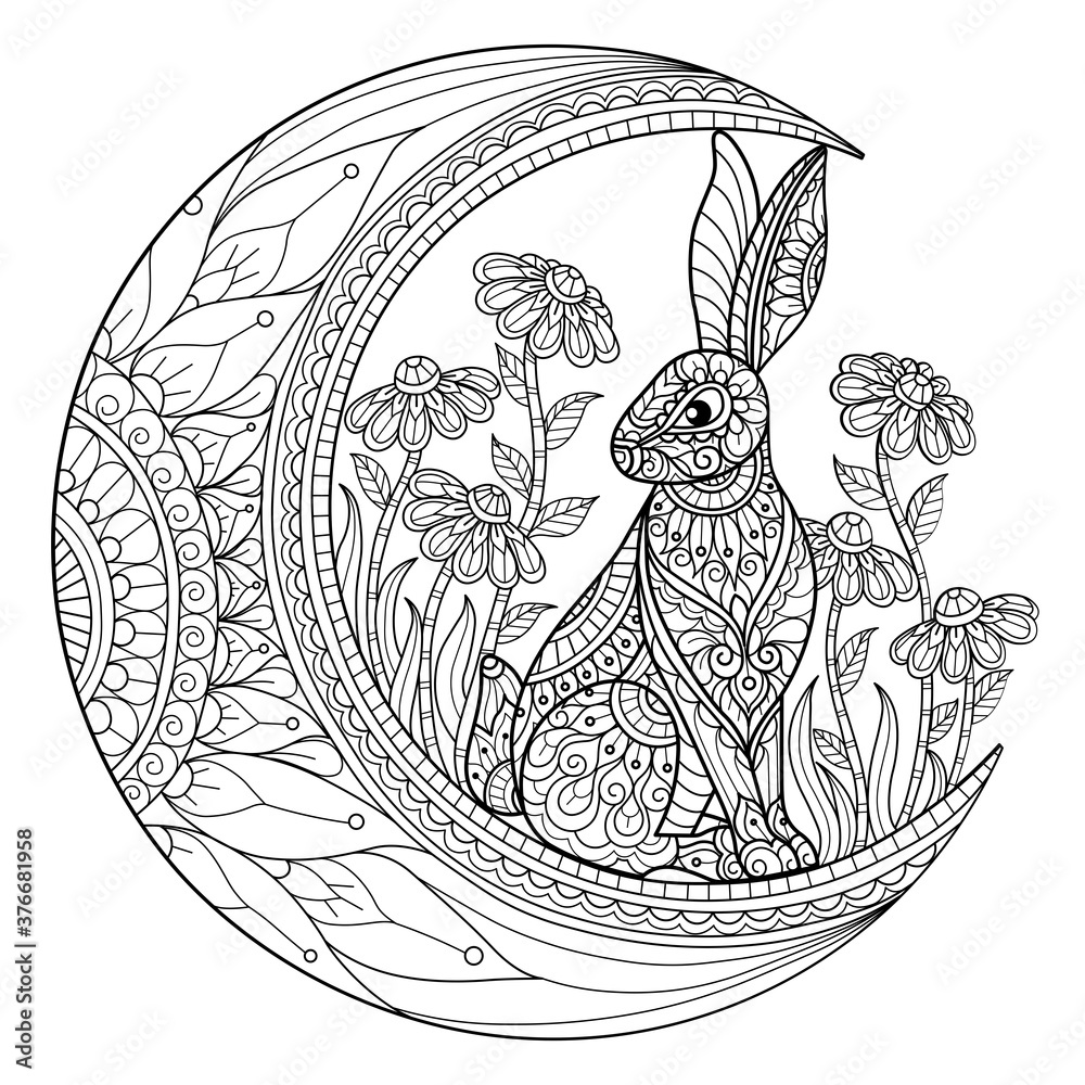 Rabbit on the moon. Hand drawn sketch illustration for adult coloring ...