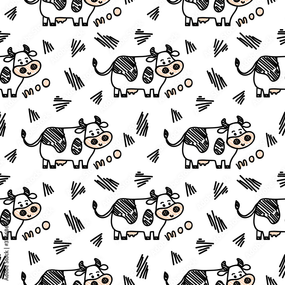 Vector smiling standing cow pattern with Moo lettering. Seamless cute ...