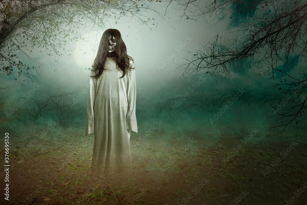 Scary ghost woman standing with haunted forest background Stock Photo ...