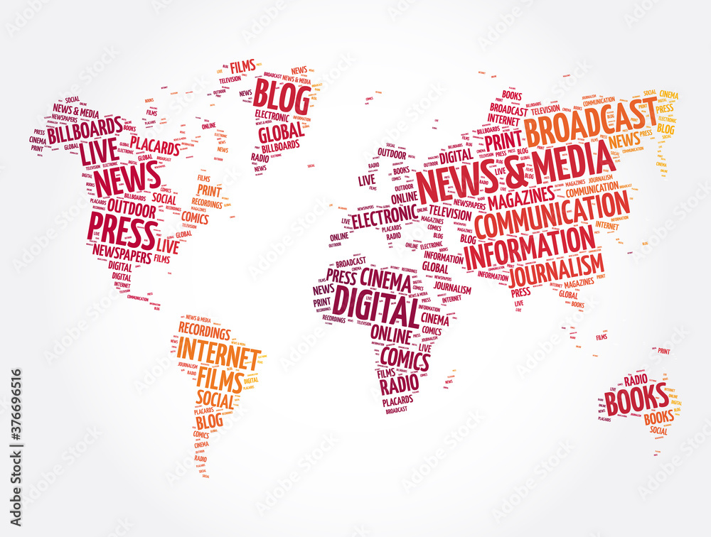 News & media word cloud in shape of world map, concept background Stock ...