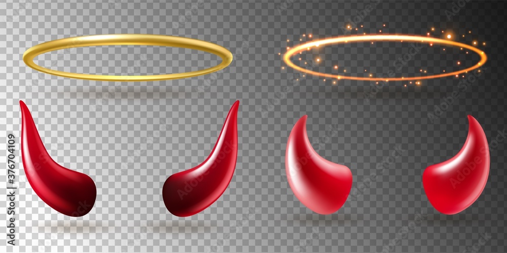 Angel rings and devil horns. Saints golden glowing halo, shiny yellow aureole and red demon horn ...