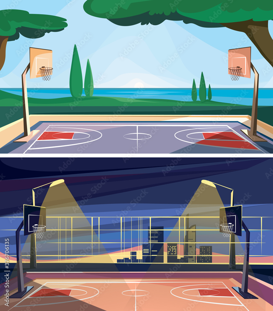Collection of basketball courts. Outdoor sports grounds. Stock Vector ...