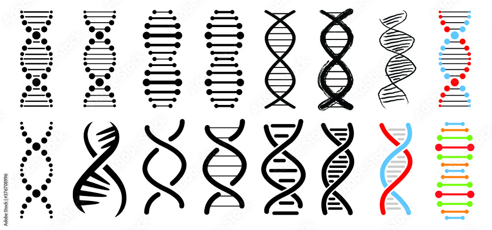 DNA string code icons set flat vector. Helix spiral molecule structure ...