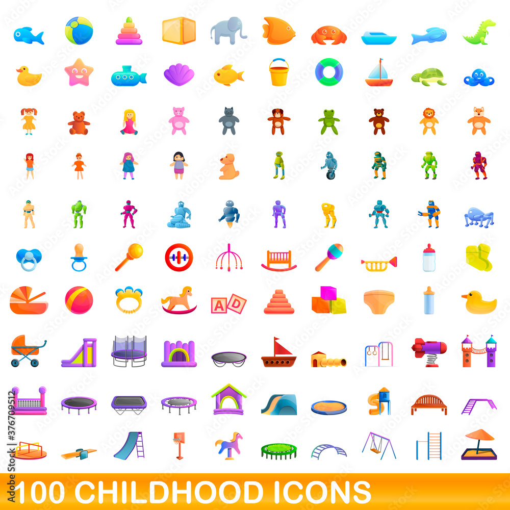 100 childhood icons set. Cartoon illustration of 100 childhood icons ...