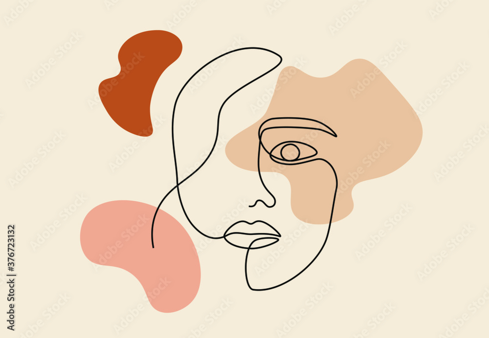Abstract line woman portrait. One line drawing face with organic shapes ...