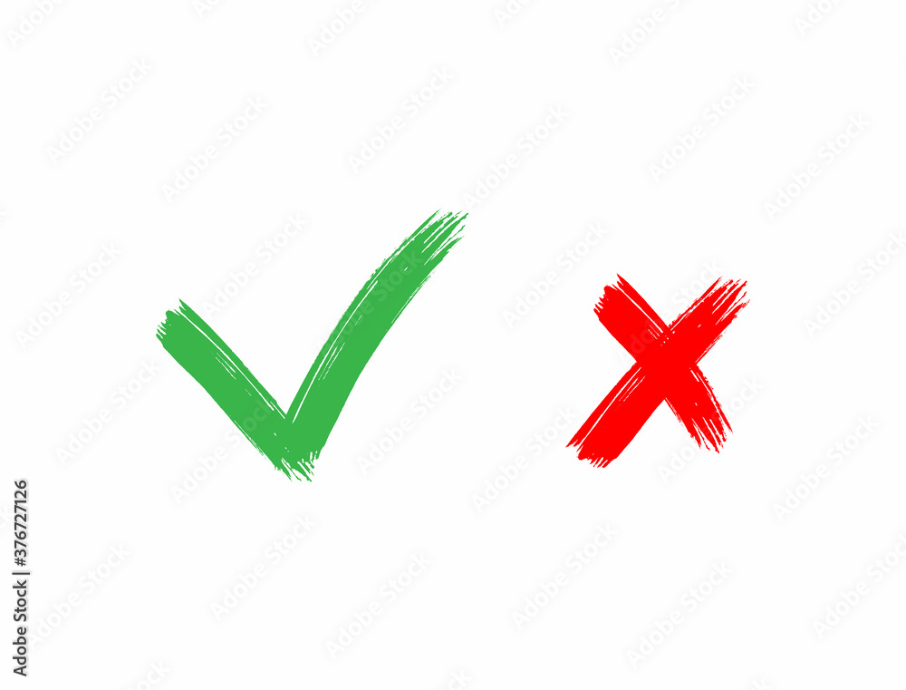 Check mark and cross drawn by hand with a rough brush. Grunge icon ...