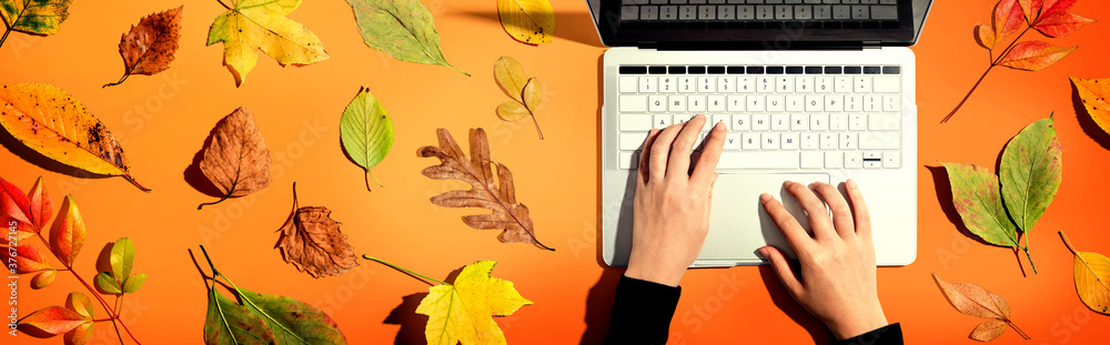 Autumn leaves with person using a laptop computer from above Stock ...