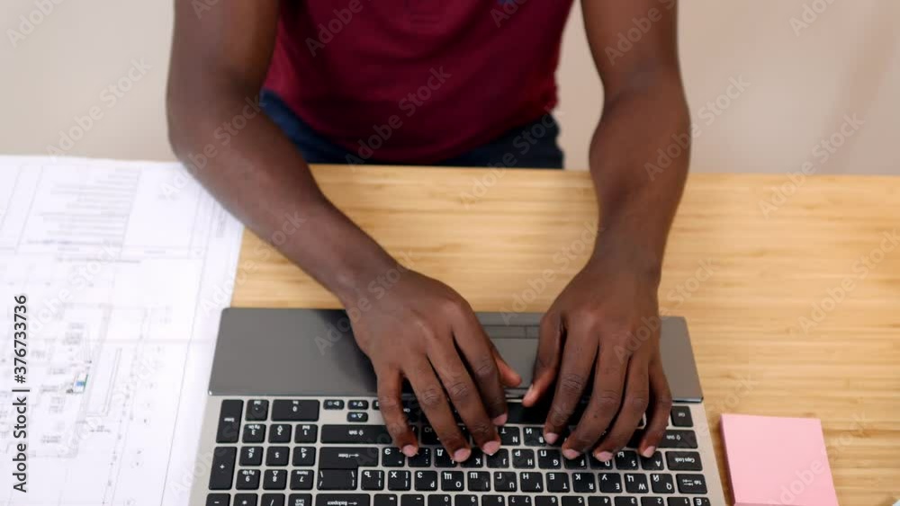 Hands of black business man, professional user using text input on ...