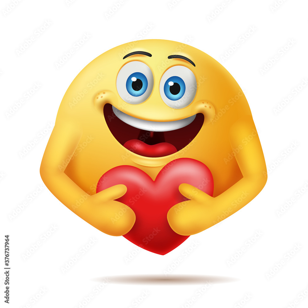 Care emoticon characters with hugging a red heart with both hands ...