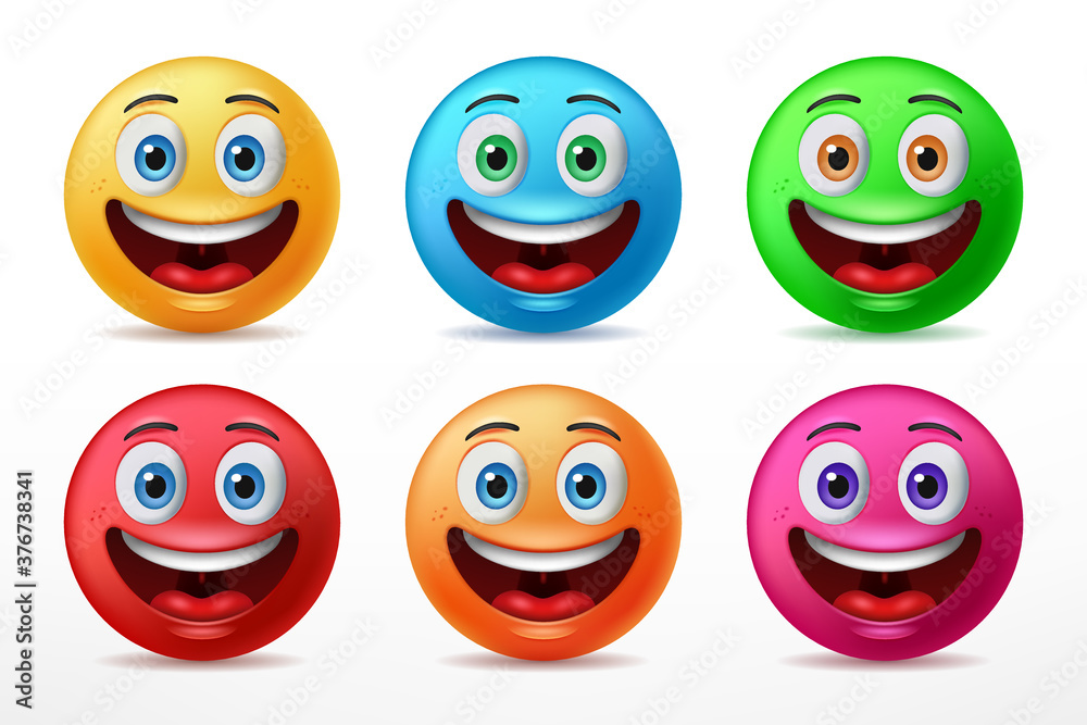 Smiling faces emoticon characters with six predefined color happy ...