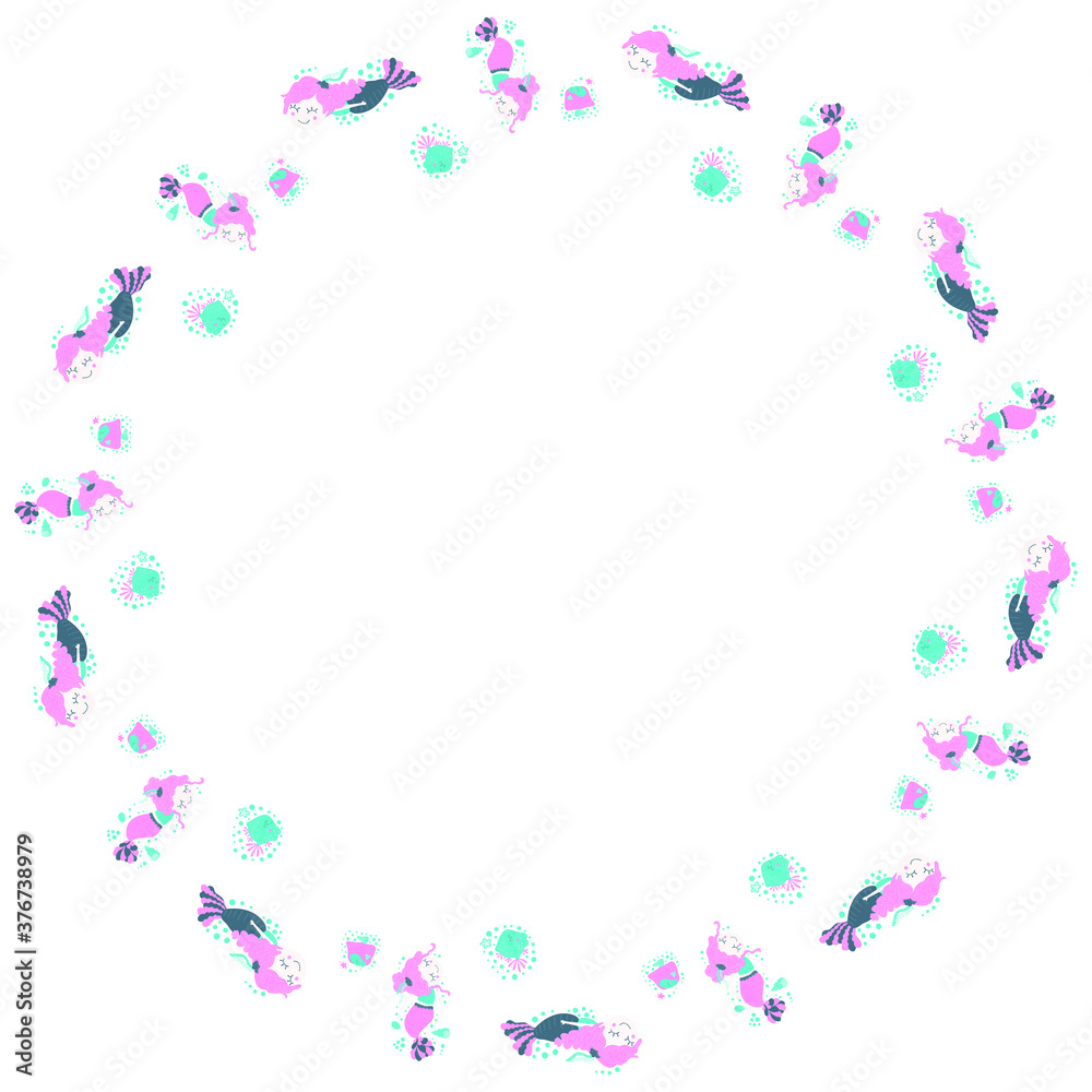 Round frame of cute funny girls mermaids swimming under water with ...