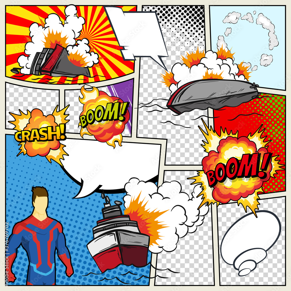 Template comic book page with warships. Vector retro background mock-up ...