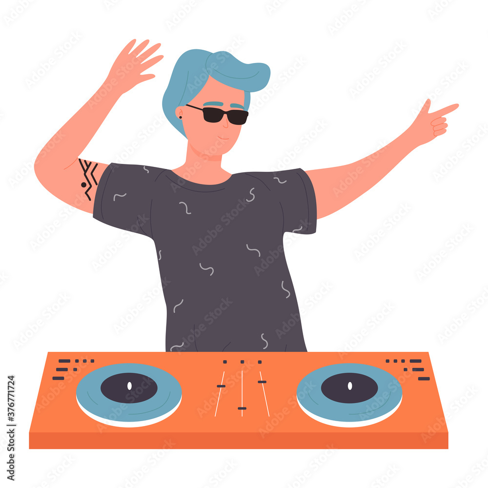 DJ young man with sunglasses on musical party vector illustration ...