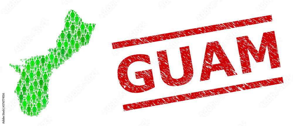 Green dollar and men mosaic map of Guam Island and textured stamp ...