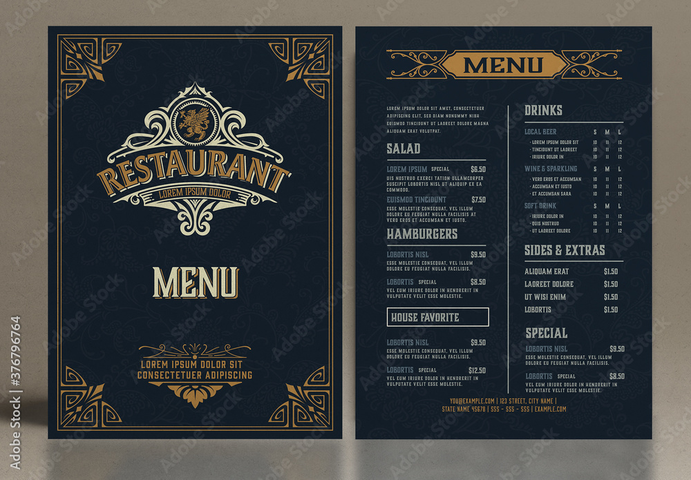 Restaurant Menu Layout with Ornamental Elements Stock Template | Adobe ...