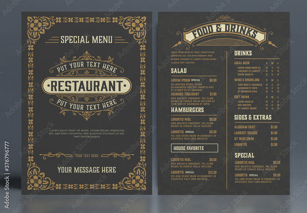 Restaurant Menu Layout with Ornamental Elements Stock Template | Adobe ...