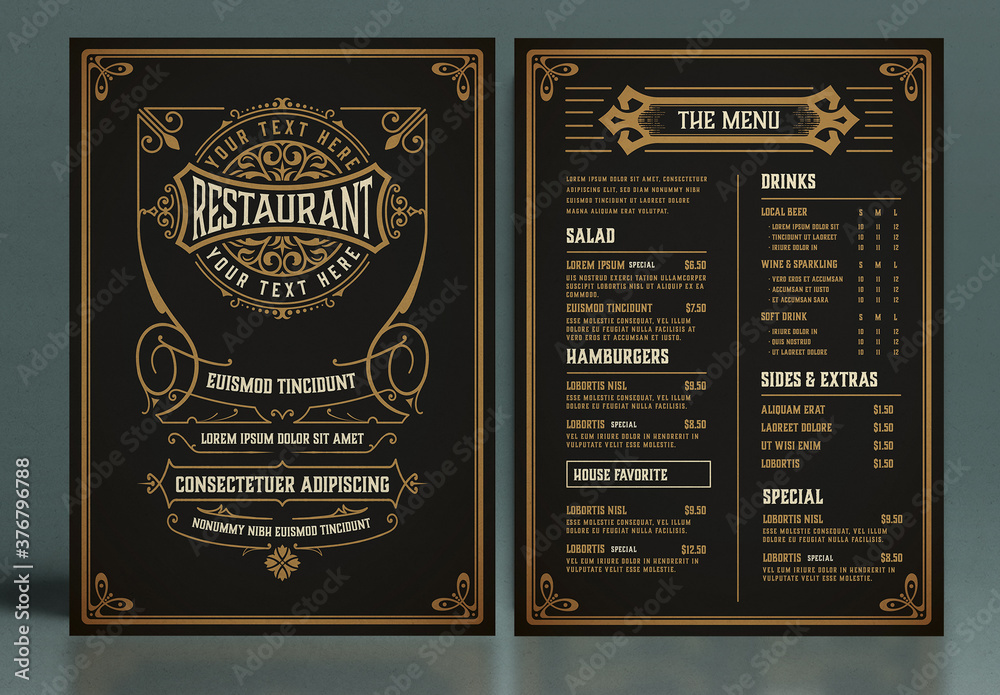 Restaurant Menu Layout with Ornamental Elements Stock Template | Adobe ...