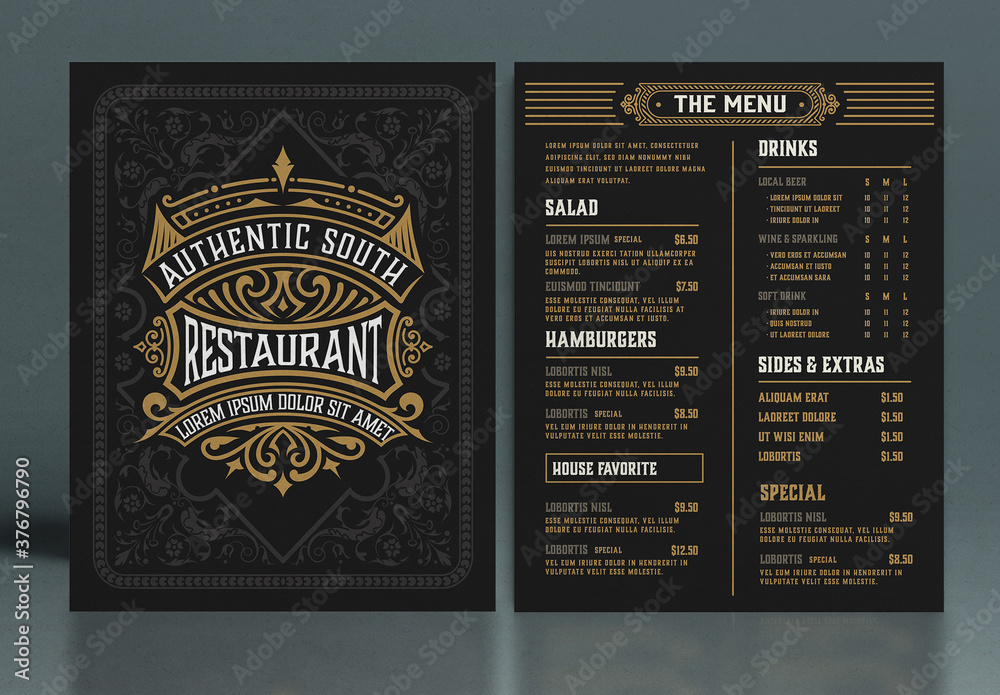 Restaurant Menu Layout with Ornamental Elements Stock Template | Adobe ...