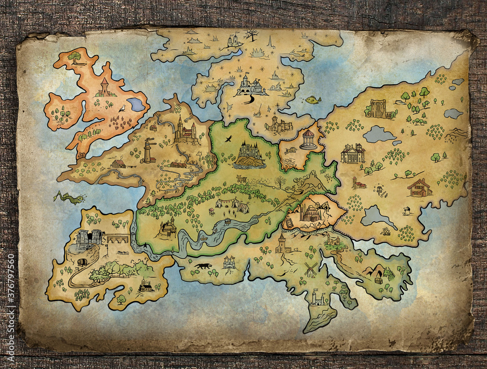 Old vintage map of a peninsula looking like Europe with handmade ...