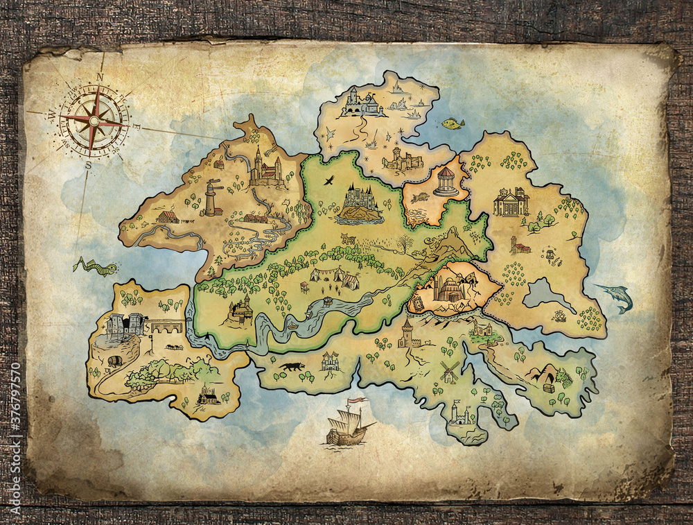 Old parchment with a retro map of an island with kingdoms with handmade ...