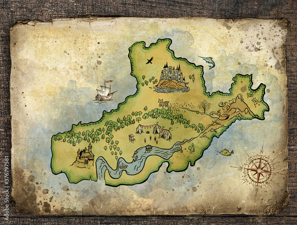 Old parchment with a vintage map of an isolated island with trees ...