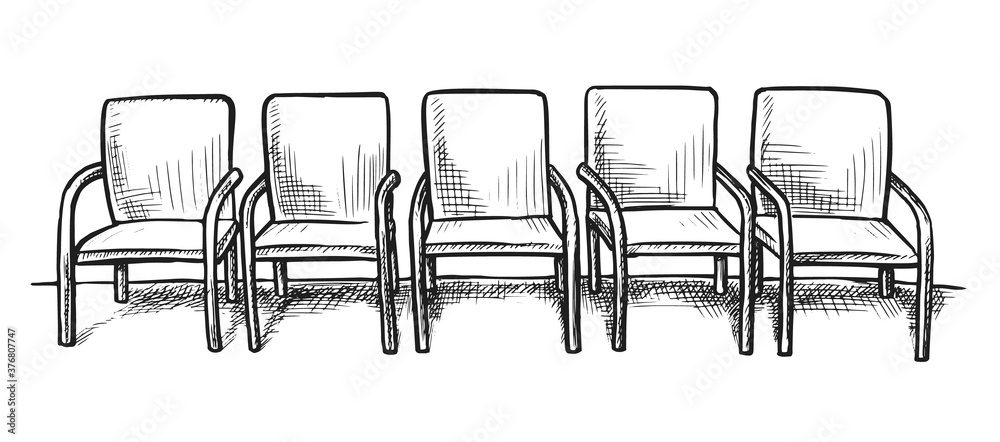 Waiting room sketch. Hand drawn empty chair seat row on white ...
