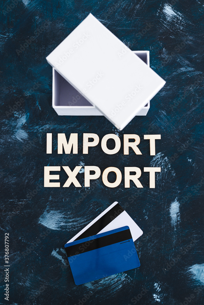 international trade concept, Import Export text next to open parcel box ...