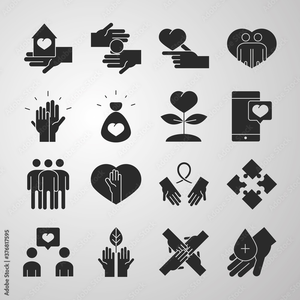 community together charity donation and love silhouette icons ...