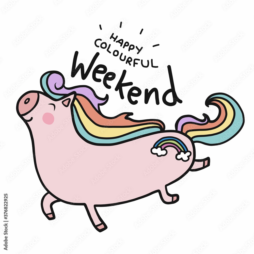 Pink Unicorn happy colourful weekend cartoon vector illustration doodle ...