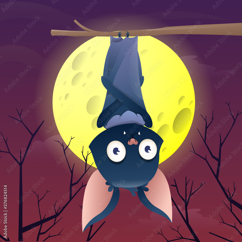 Cartoon cute bat hanging upside down on a branch Stock Vector | Adobe Stock