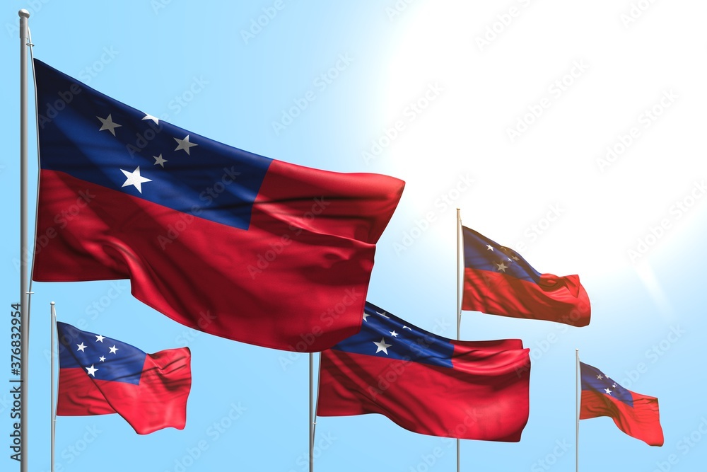 cute 5 flags of Samoa are waving on blue sky background - any feast ...