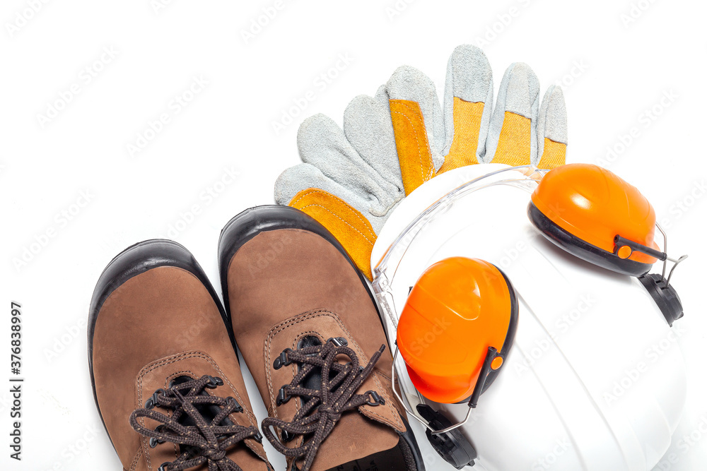 Standard construction safety equipment on white background. top view ...