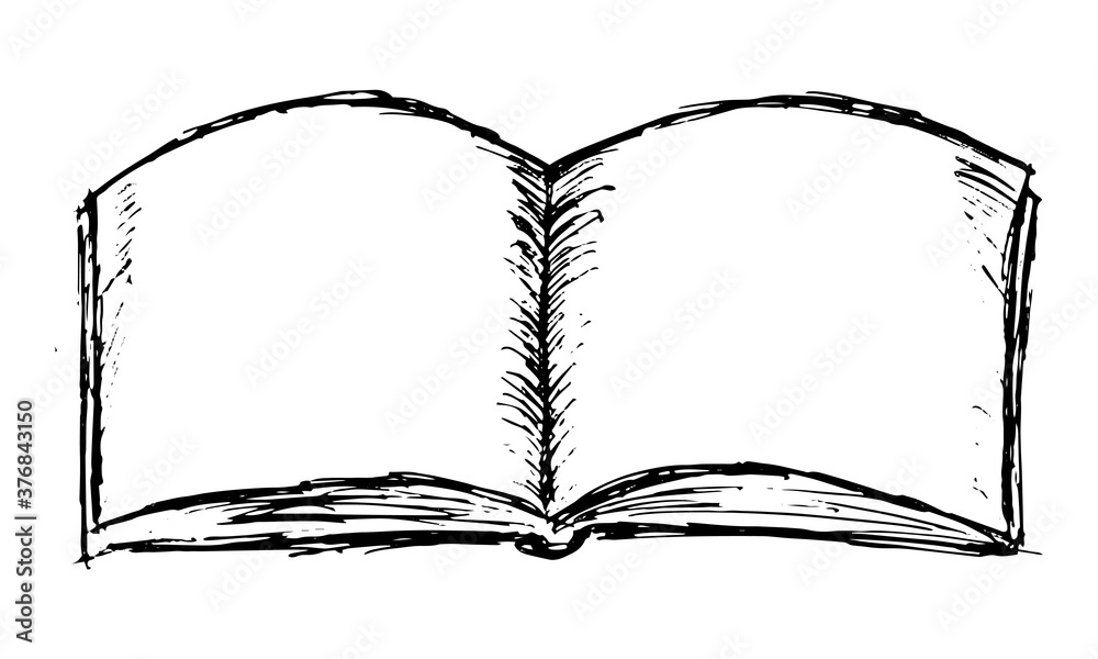 Outline rough hand-drawing of an open book with blank pages. Vector ...