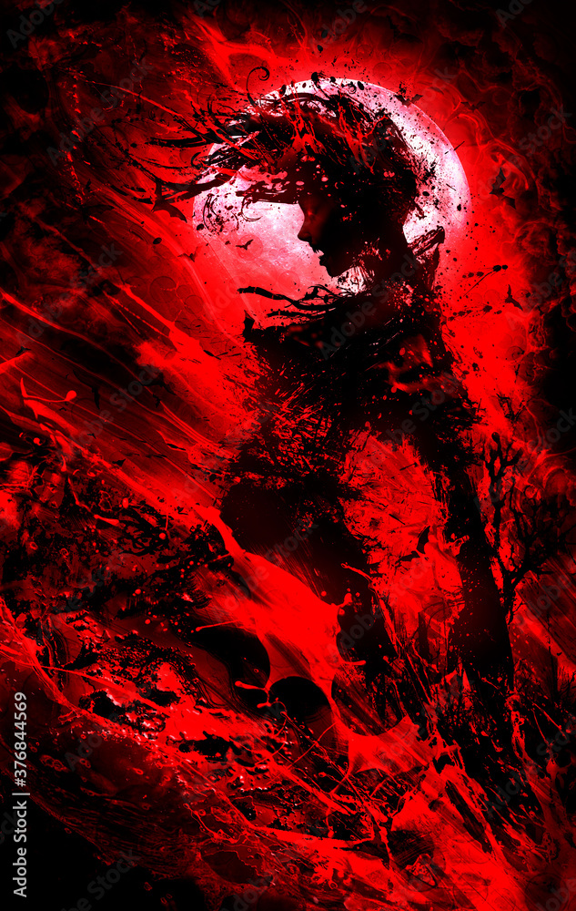 A blood female vampire against a full blood moon screams in waves of ...