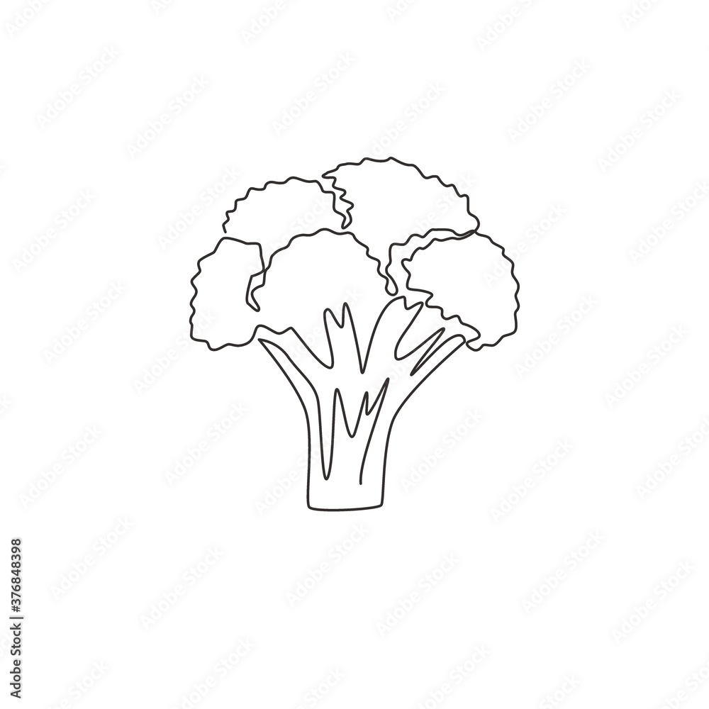Single continuous line drawing whole healthy organic green broccoli for ...