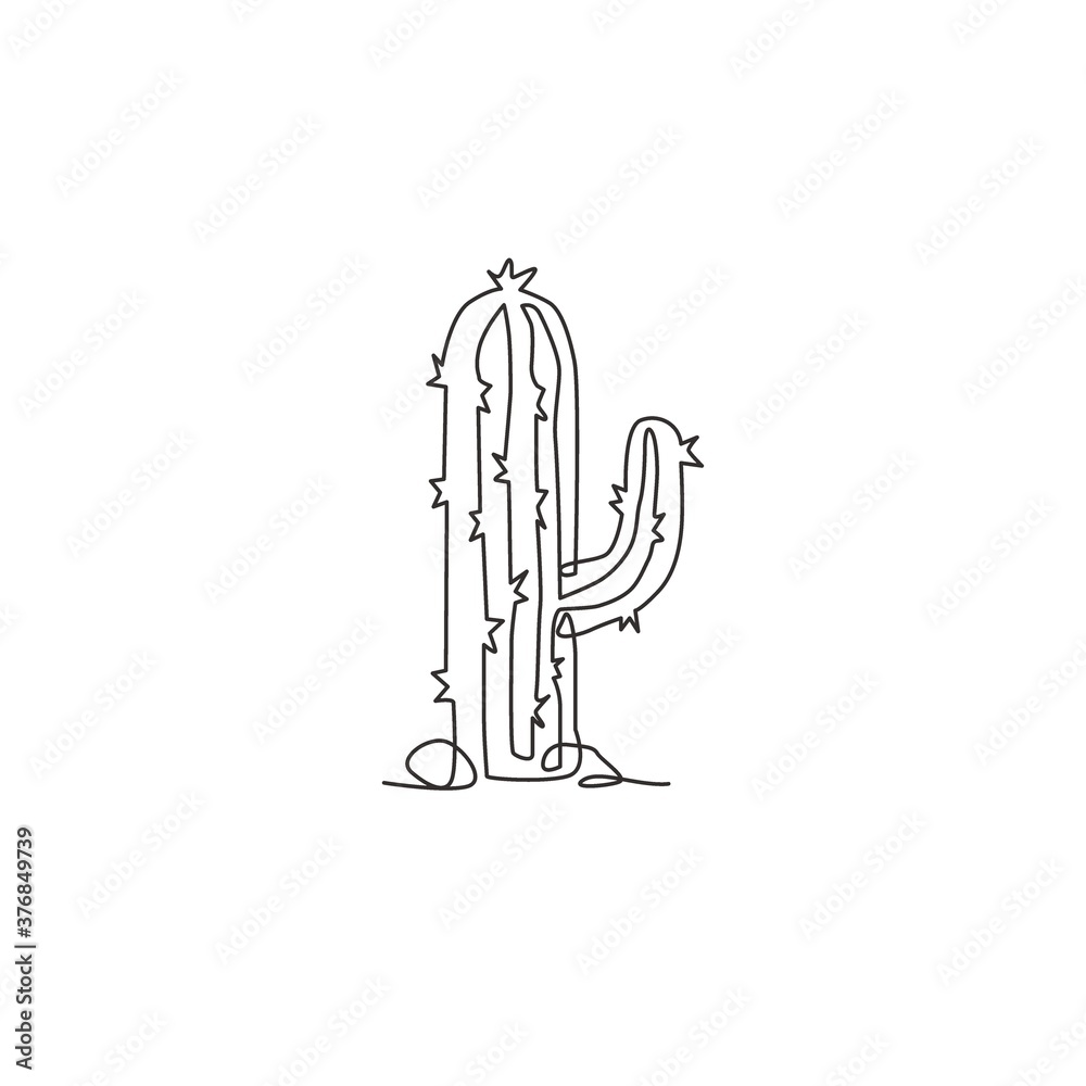 One continuous line drawing cute exotic tropical spiked cactus plant ...