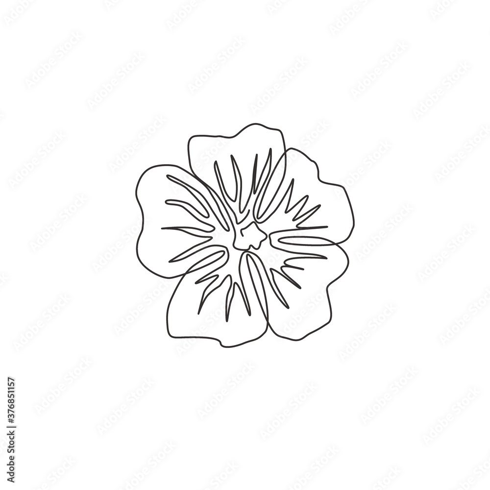 Single one line drawing beauty fresh purple mallow for garden logo ...