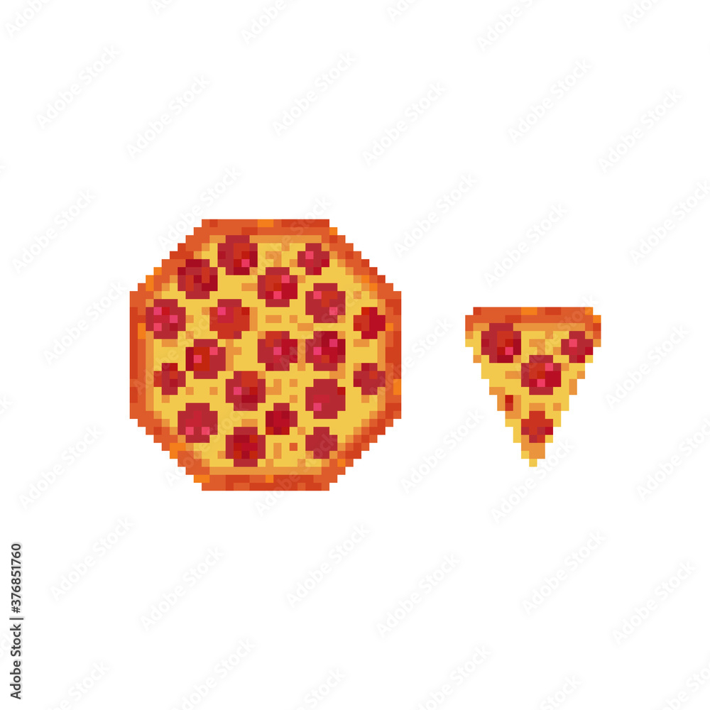 Slice of pizza pixel art icon. Design for stickers, pizzeria logo ...